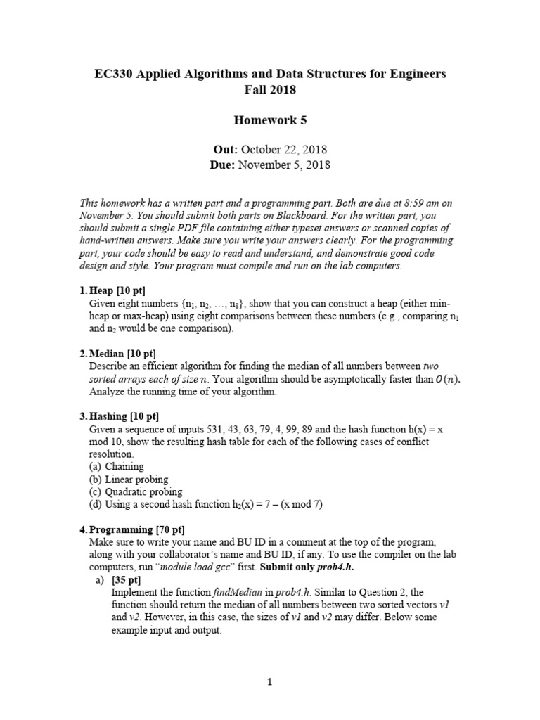 EC330 Applied Algorithms and Data Structures For Engineers Fall 2018 Homework 5 | PDF | Computer ...