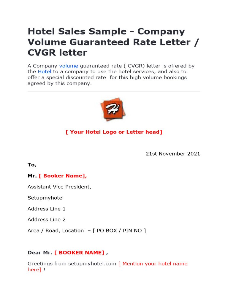 Hotel Sales Company Volume Guaranteed Rate Letter | PDF | Hotel ...