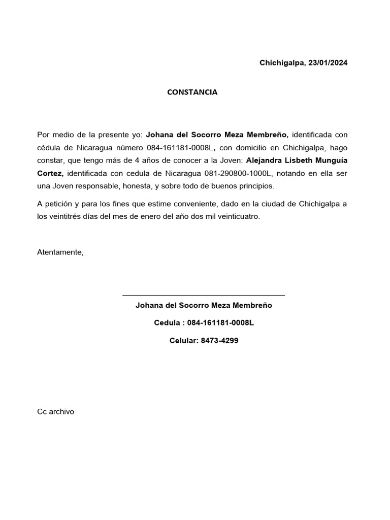 Alejandra Lisbeth Munguía Cortez, CARTA | PDF