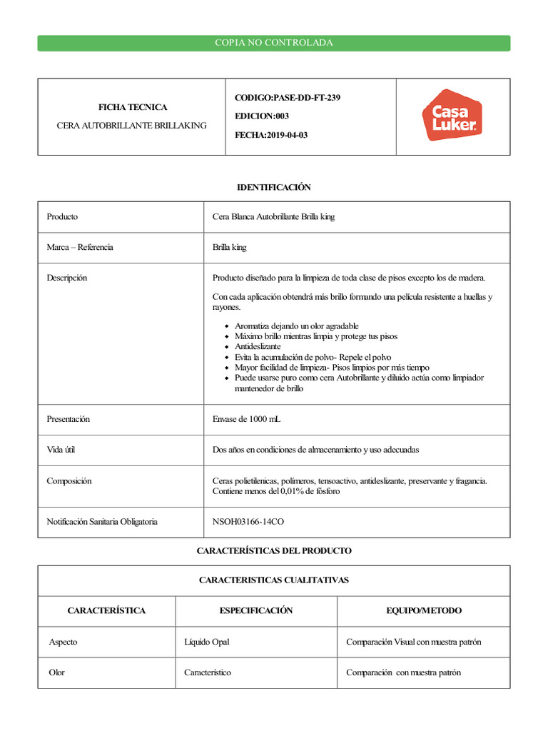 Cera Autobrillante Brilla King | PDF | Sector secundario de la economía | Materiales