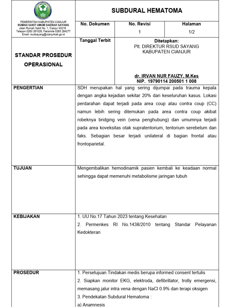 Prosedur Penanganan Subdural Hematoma | PDF