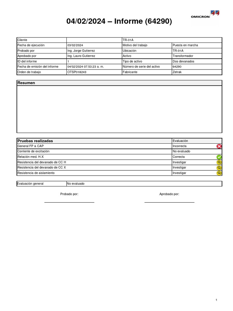 TR-01A - 04 - 02 - 2024 - Informe (64290) 1 | PDF | Voltio | Transformador TR-01A - 04 - 02 - 2024 - Informe (64290) 1 | PDF | Voltio | Transformador