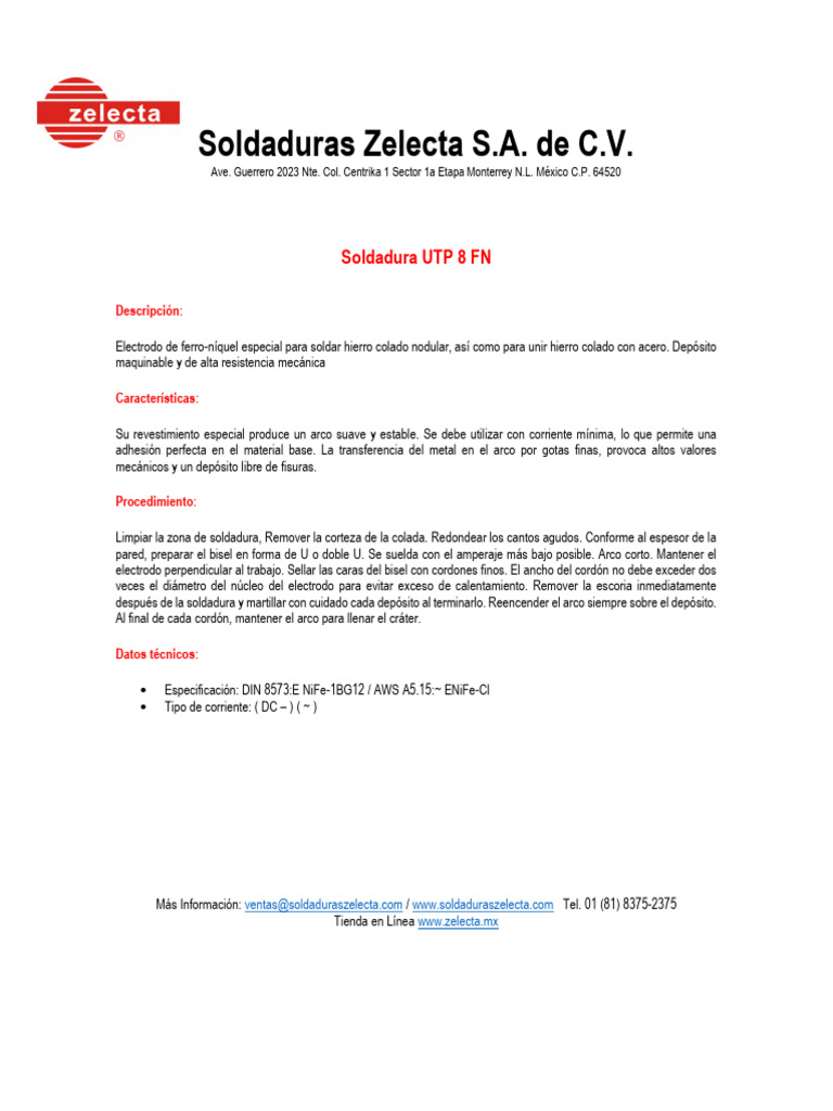 Electrodo UTP 8 FN para Soldadura de Hierro | PDF