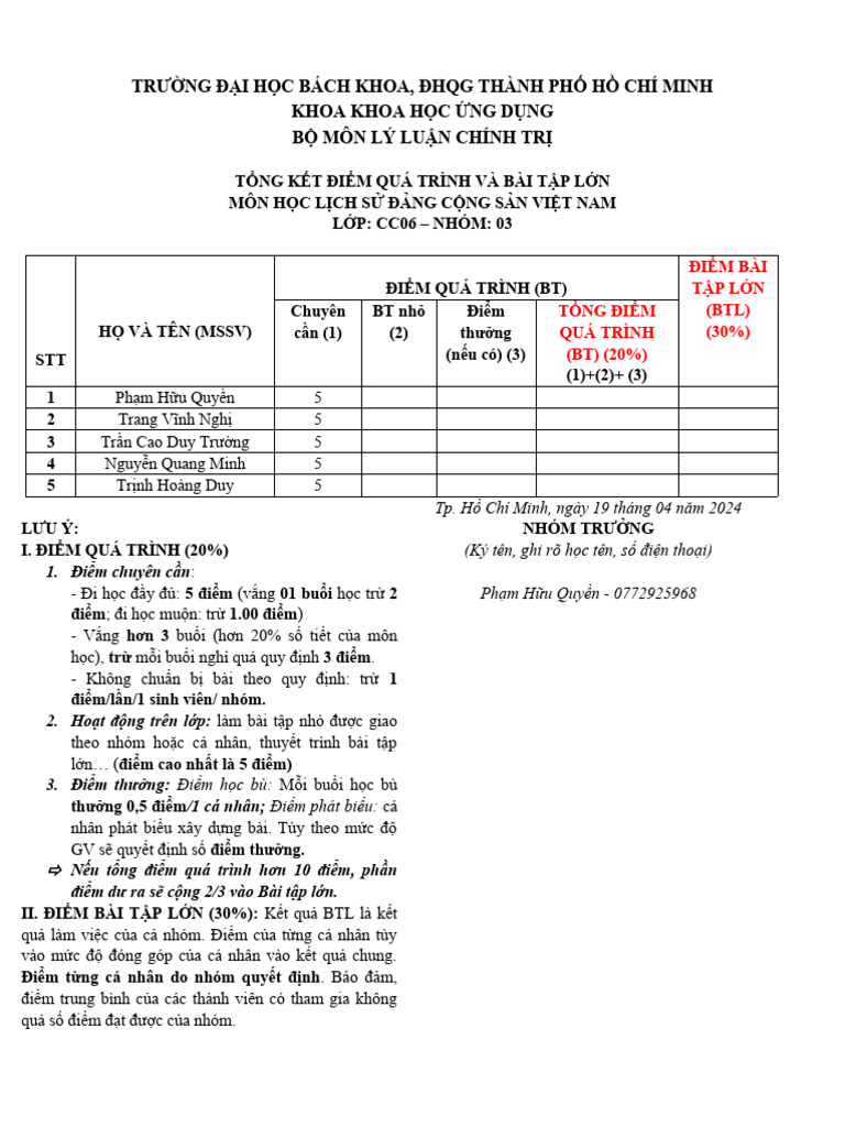 MẪU TỔNG KẾT QUÁ TRÌNH, BTL (NT) | PDF
