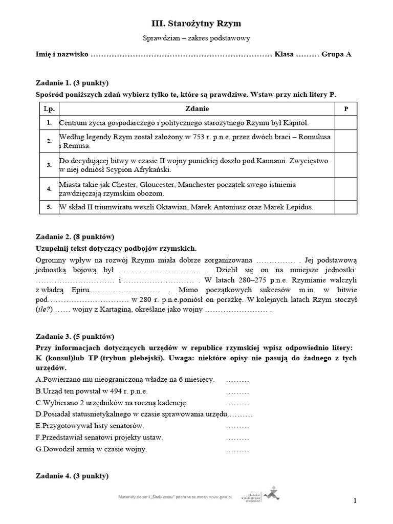 Dzial III Sprawdzian Zakres Podstawowy Grupa A KL 1 2 2 | PDF