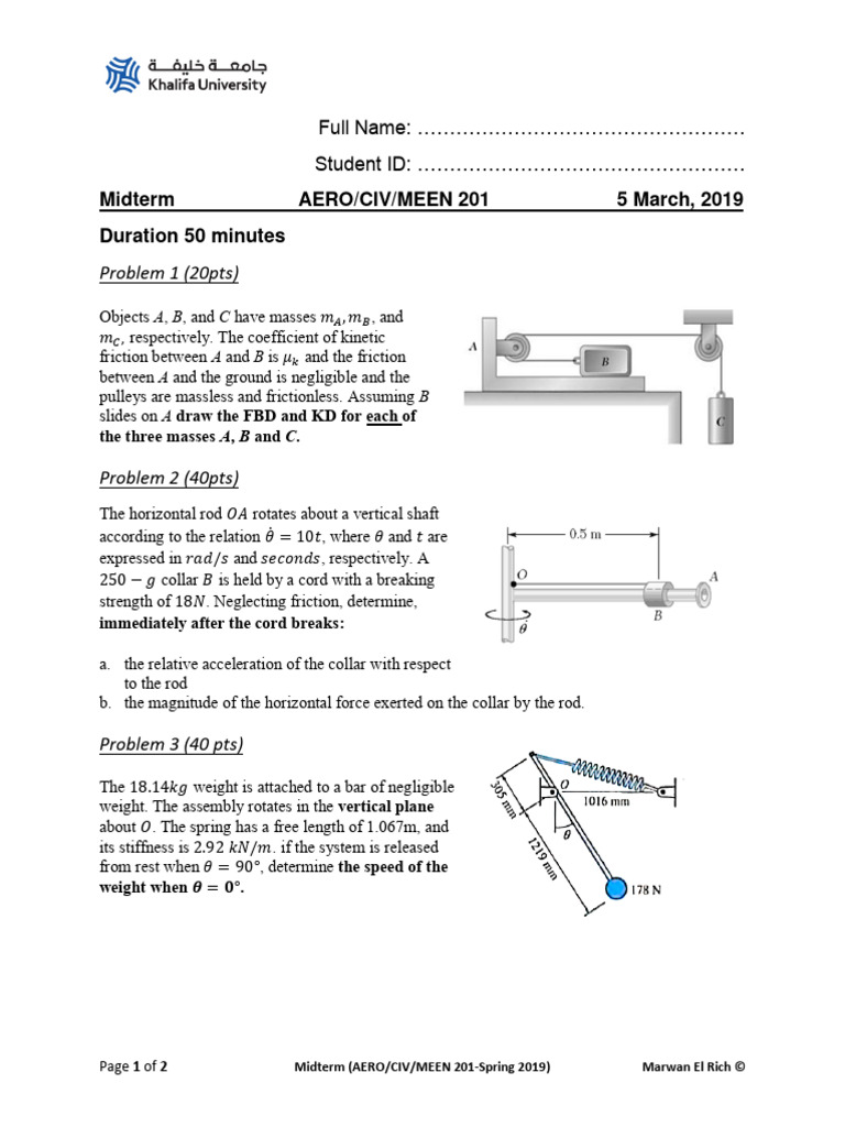 Dynamics of Particles Midterm Exam | PDF | Friction | Force