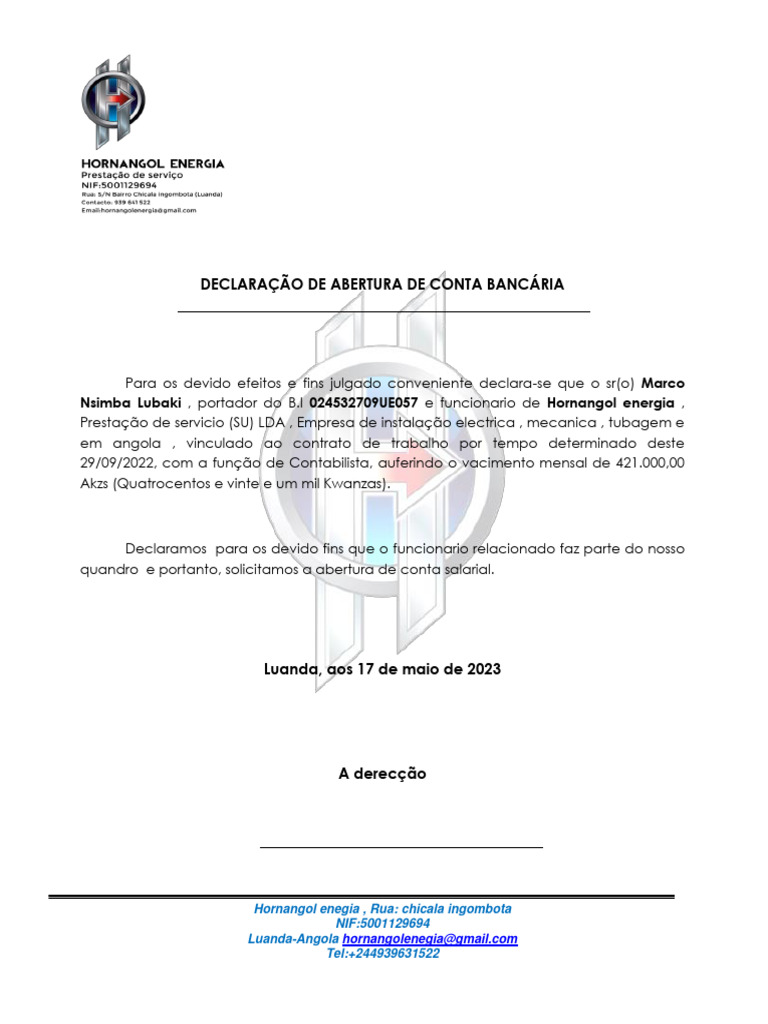 DECLARAÇÃO ABERTURA DE CONTA BACARIA | PDF