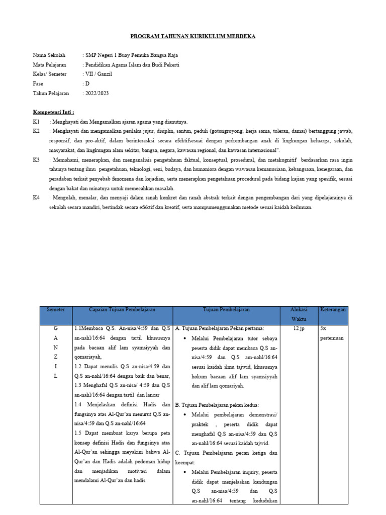 Program Tahunan Kurikulum Merdeka | PDF