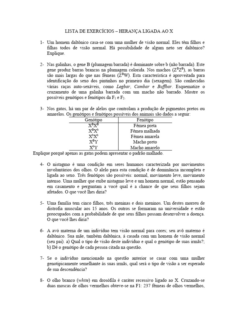 Lista Heranca Ligada Ao Sexo | PDF | Genótipo | Biologia