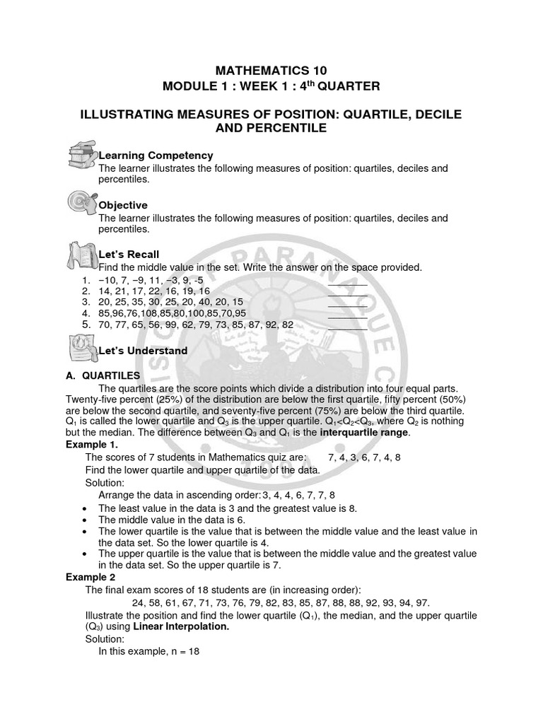 Math Grade10 Quarter4 Week1 Module1 | PDF | Quartile | Percentile