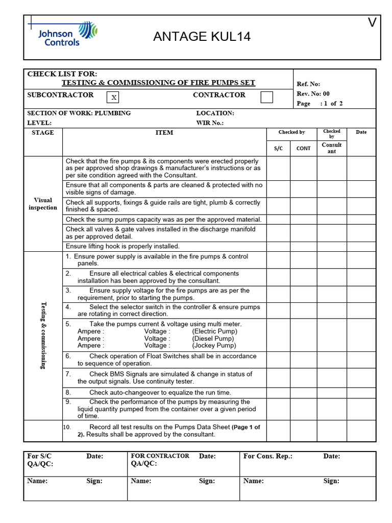 Testing & Commissioning Checklist for Fire Pump | PDF | Pump | Electricity
