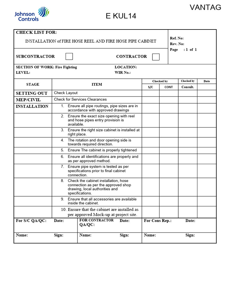 Check List Fire Hose Reel Installation | PDF