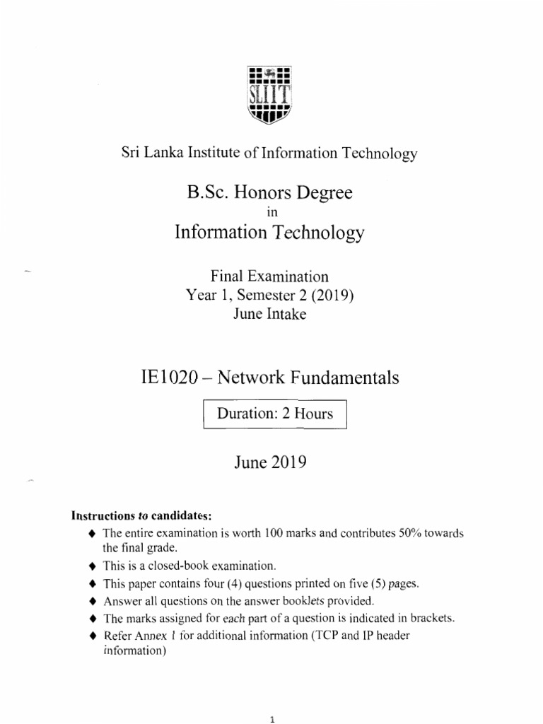 IE1020 - Network Fundamentals 2019 June | PDF | Transmission Control Protocol | Computer Network