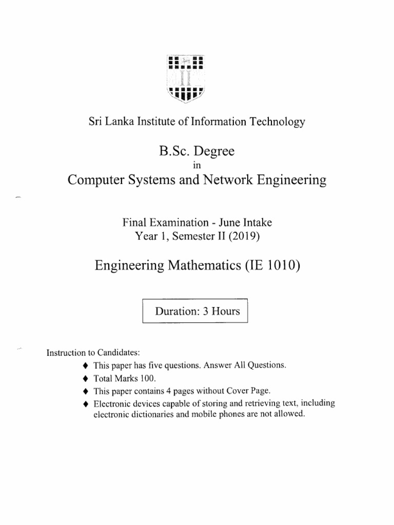 Engineering Mathematics (IE 1010) 2019 June | PDF | Equations ...