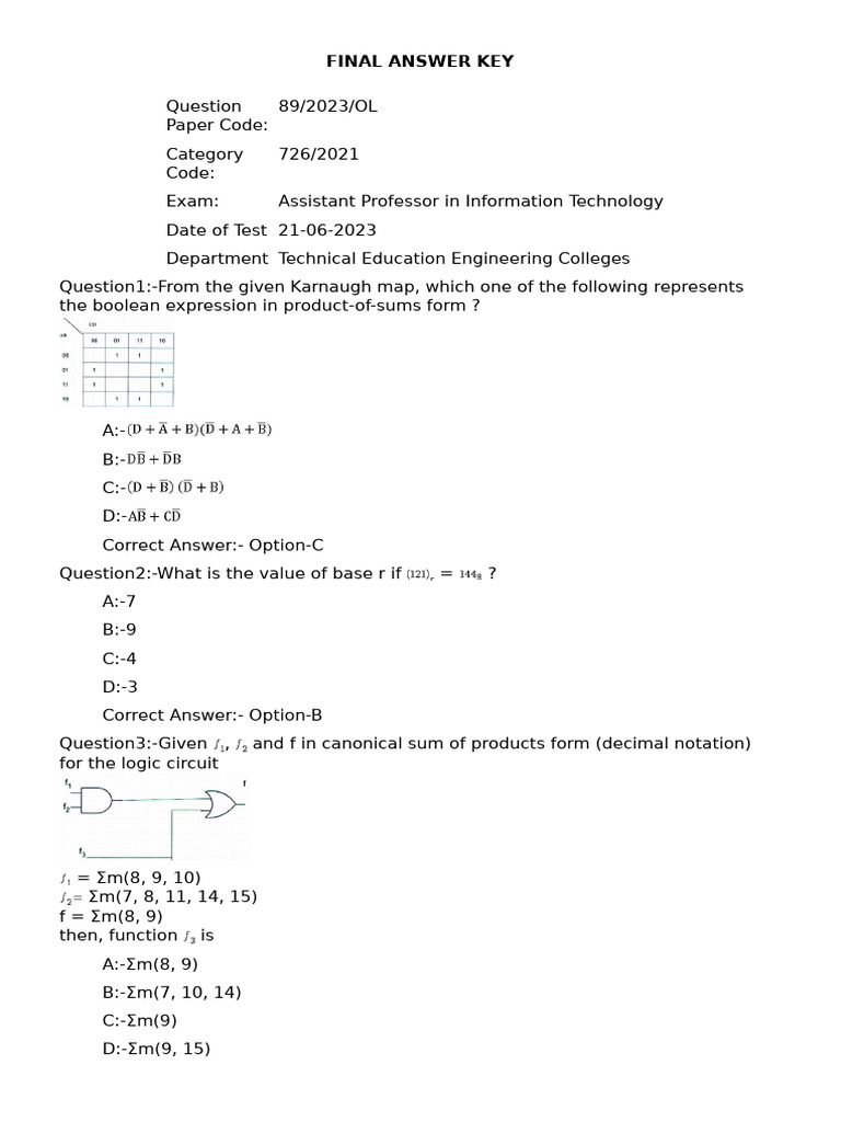Final Answer Key Asst Professor It | PDF | Parameter (Computer Programming) | I Pv6