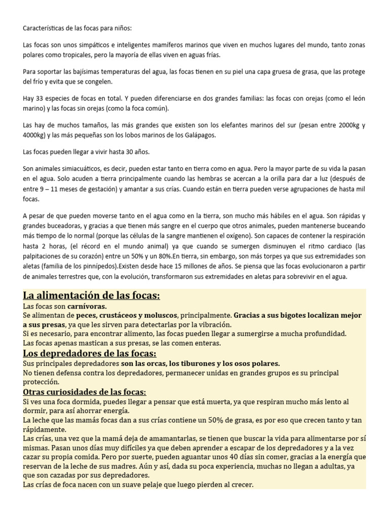 Características de Las Focas para Niños | Descargar gratis PDF ...
