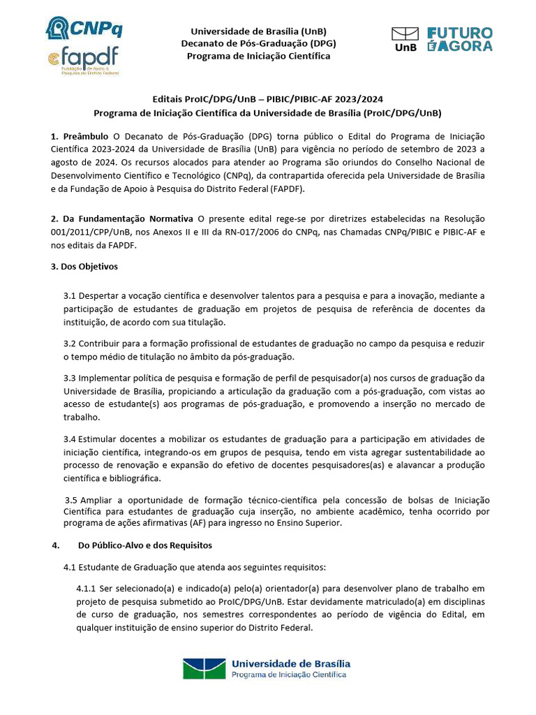 Edital PIBIC 2023/2024 da UnB | PDF | Pós-graduação | Science