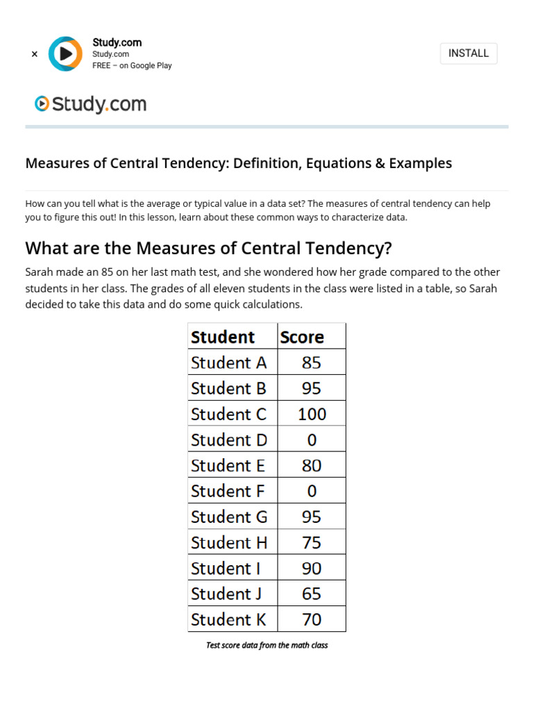 Measures of Central Tendency - Definition, Equations & Examples | PDF ...