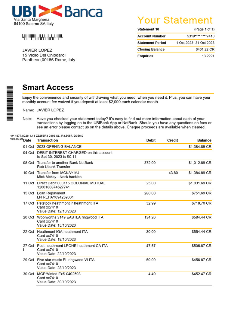 October 2023 Bank Statement | PDF | Debit Card | Banks