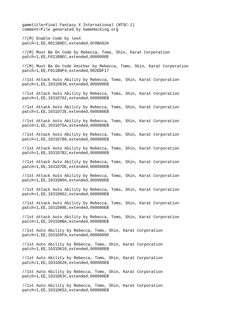 FFX International Cheat Codes List | PDF | Role Playing Games