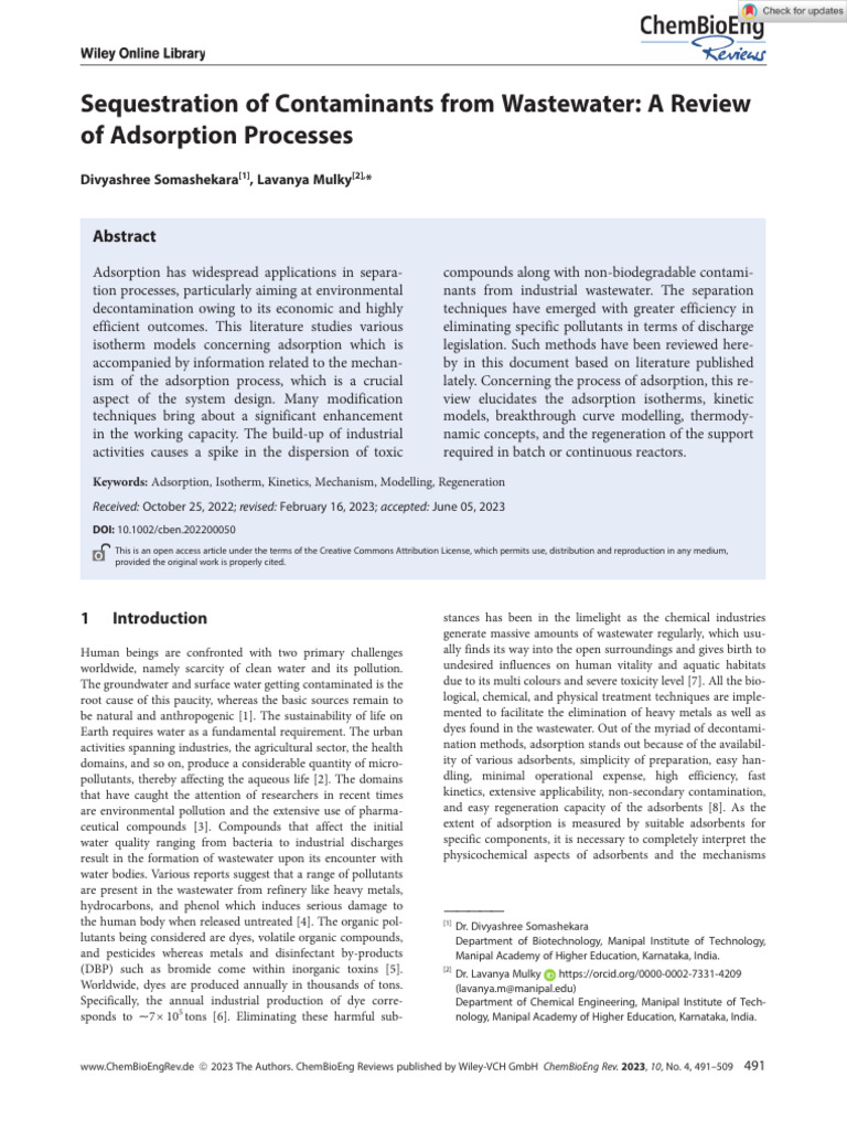ChemBioEng Reviews - 2023 - Somashekara - Sequestration of Contaminants From Wastewater A Review ...