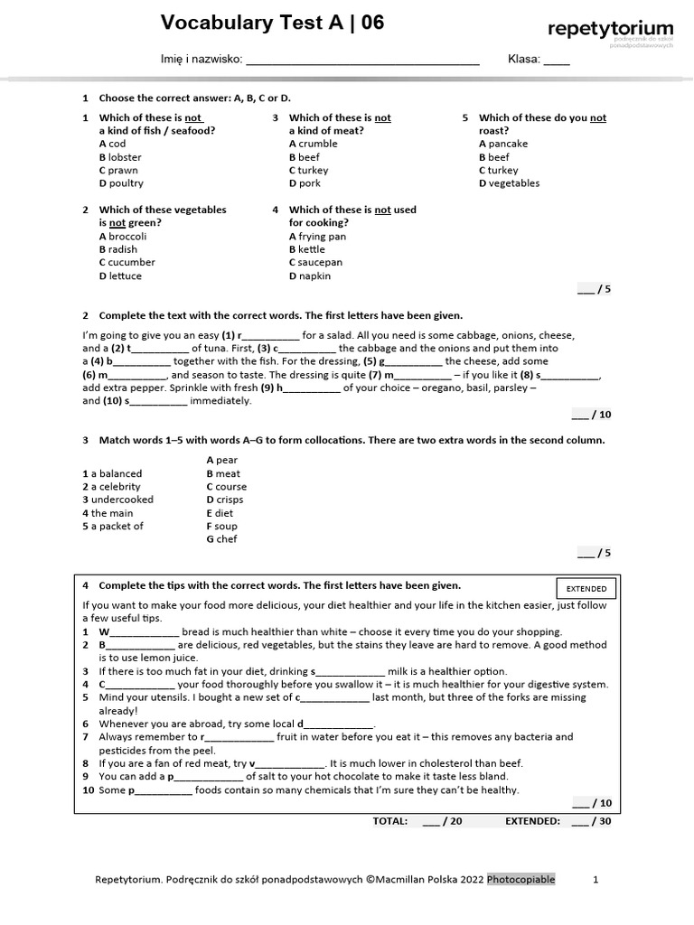 Vocabulary Test 6A | PDF | Salad | Food And Drink
