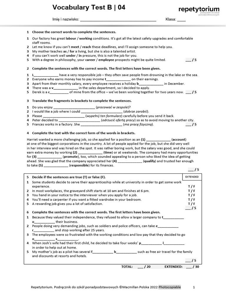 Vocabulary Test 4B | PDF | Labor Relations | Economies