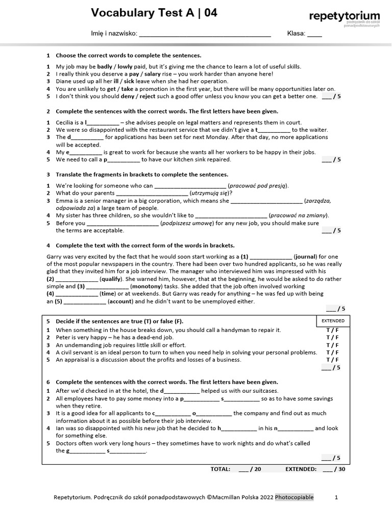 Vocabulary Test 4A | PDF