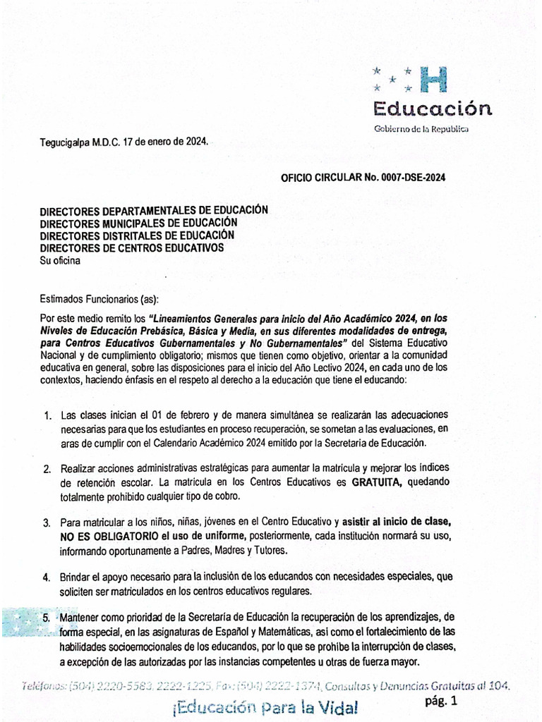 Oficio Circular 001 SEDUC | PDF