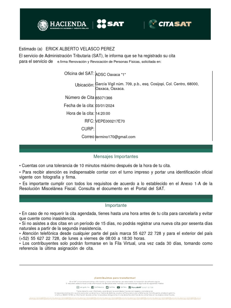 Cita SAT: Renovación e.firma | PDF