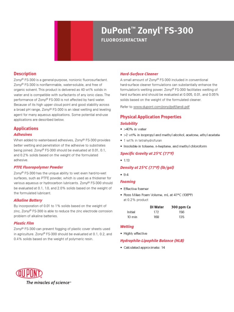 Zonyl Fs 300 Tech Data Sheet | PDF | Wetting | Solubility