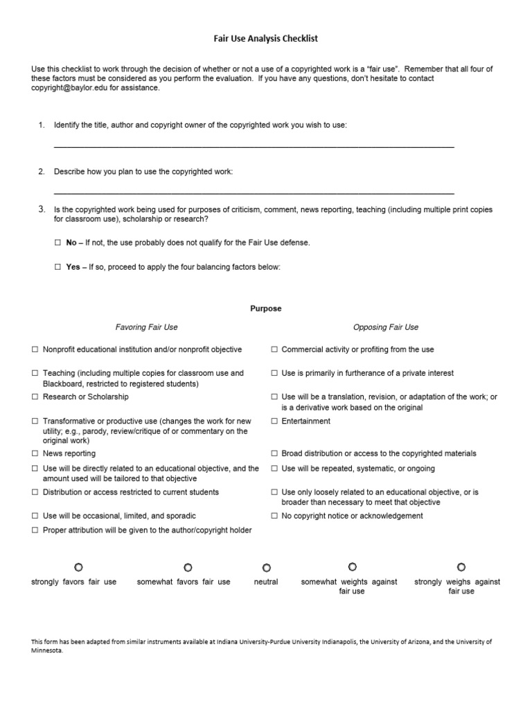 Fair Use Baylor Form | PDF | Fair Use | Copyright