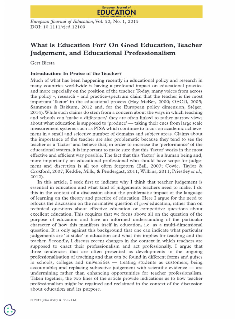 What Is Education For - On Good Education, Teacher Judgement, and ...
