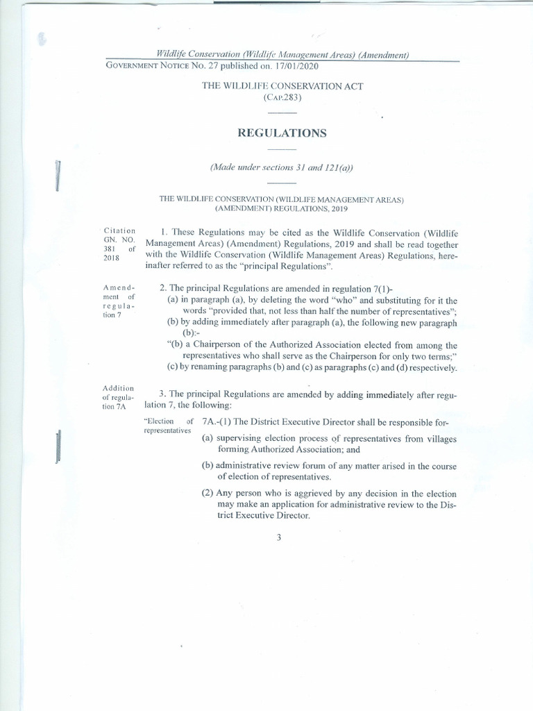 Wildlife Conservation Act (Wildlife Management Areas (Amendment) Regulations 2019 | PDF