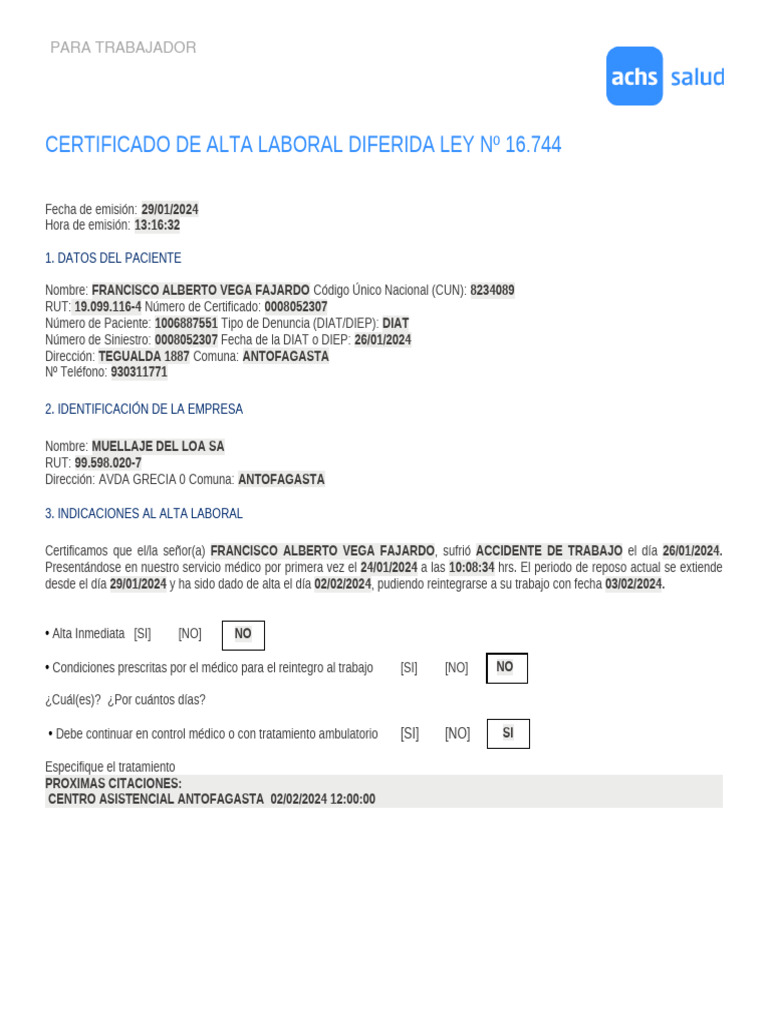 Certificado de Alta Laboral Diferida Ley #16.744 | PDF