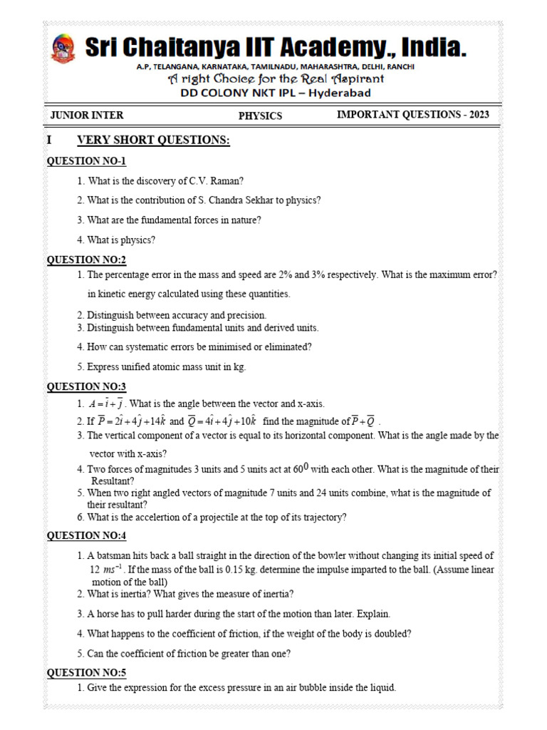 Ts JR Physics Imp Questions 2022-23 | PDF | Collision | Rotation Around A Fixed Axis