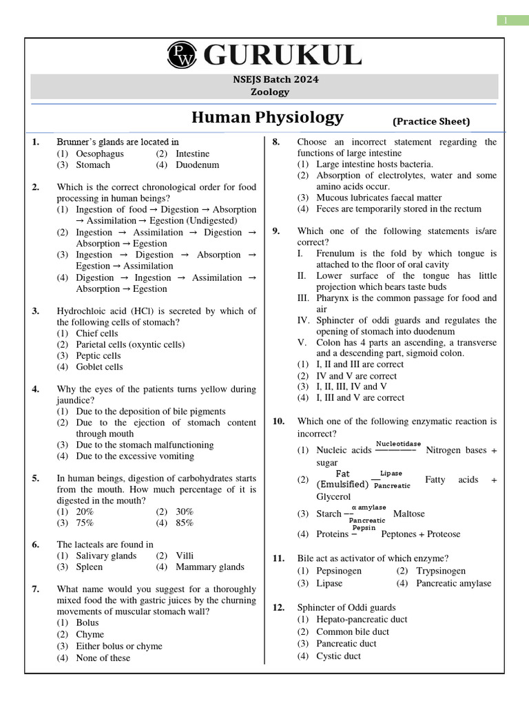 Human Physiology - Practice Sheet - NSEJS Batch 2024 | PDF | Digestion ...