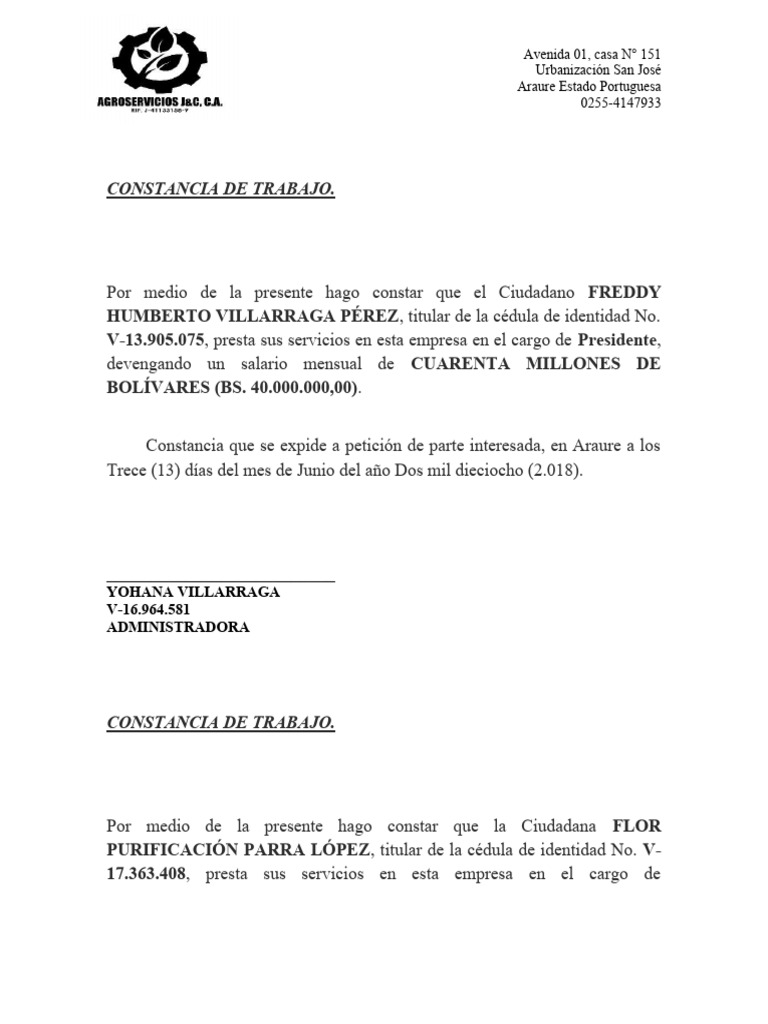 Constancias de Trabajo en Araure 2018-2021 | PDF