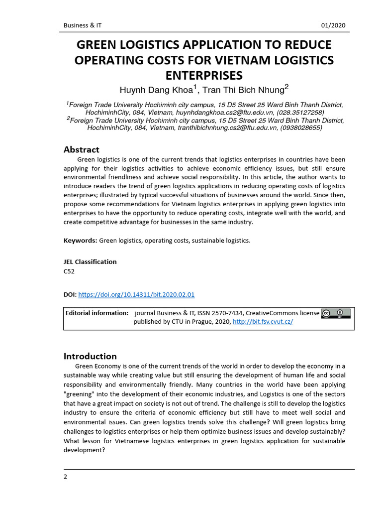 Green Logistics Application To Reduce Operating Co | PDF