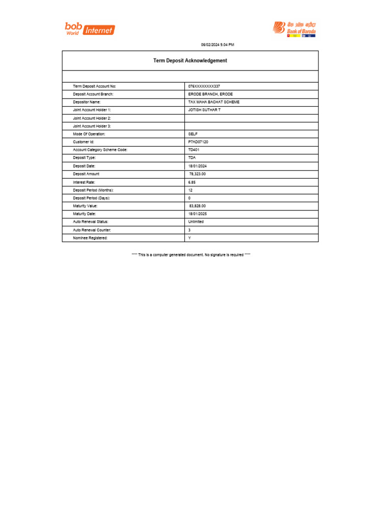 BoB Fixed Deposit Receipt | PDF