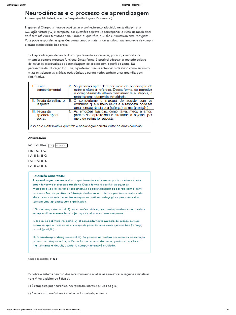 Prova - Mod 1 | PDF | Sistema nervoso | Aprendizado