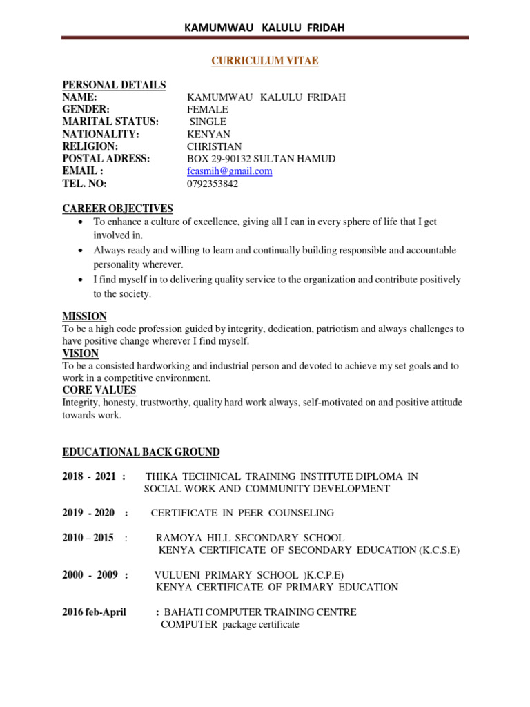 Kamumwau Kalulu Fridah CV | PDF | Kenya