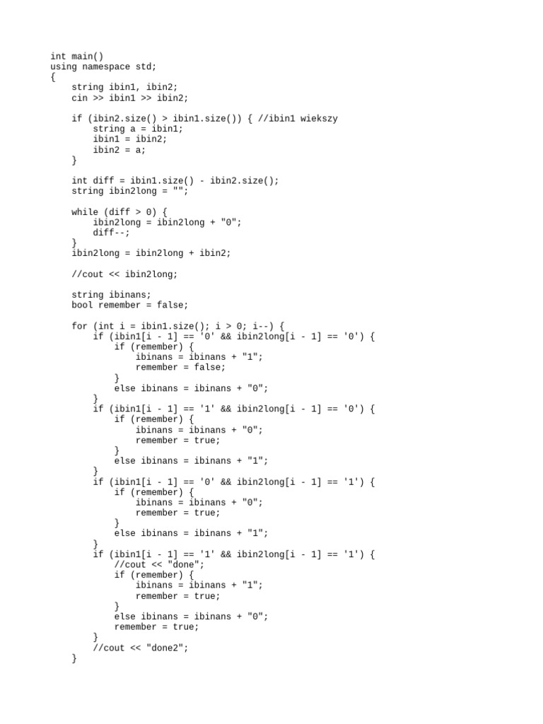 Binary Addition in C++ | PDF