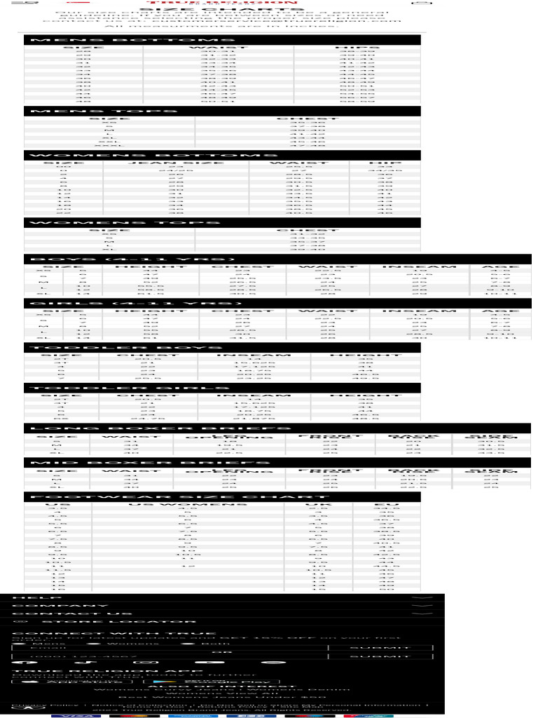 Size Chart - Shirt & Pant Size Chart - True Religion | PDF | Seam ...