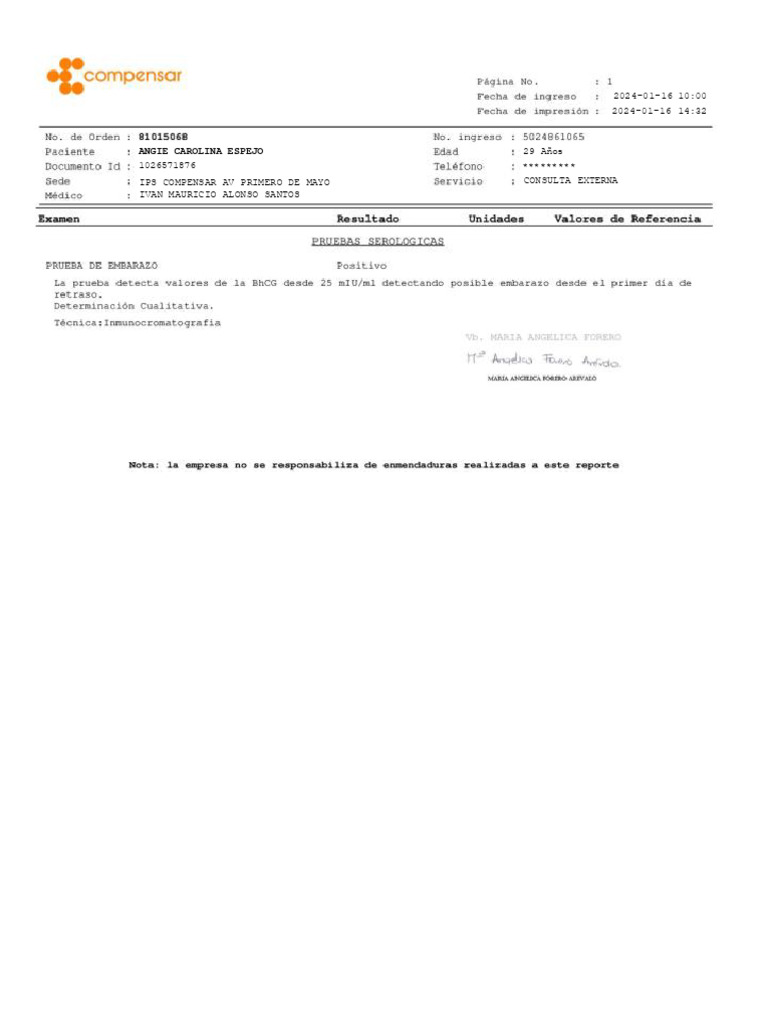 Prueba de Embarazo - Compensar - Angie | PDF
