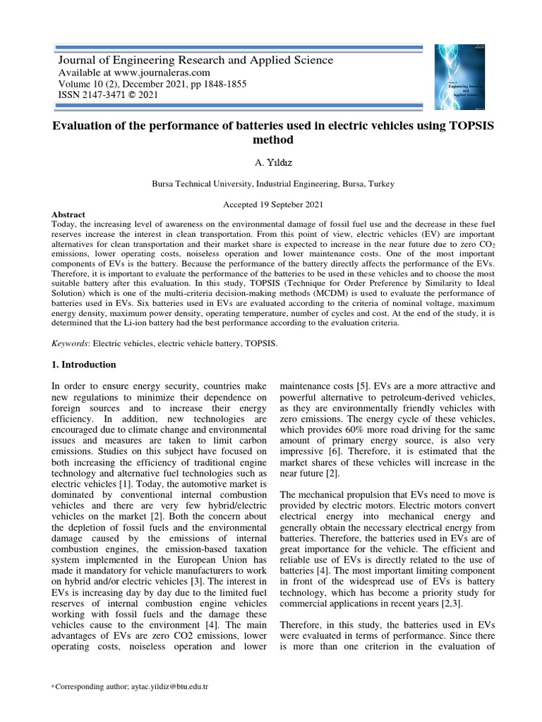 Evaluation of The Performance of Batteries Used in Electric Vehicles Using TOPSIS Method | PDF ...