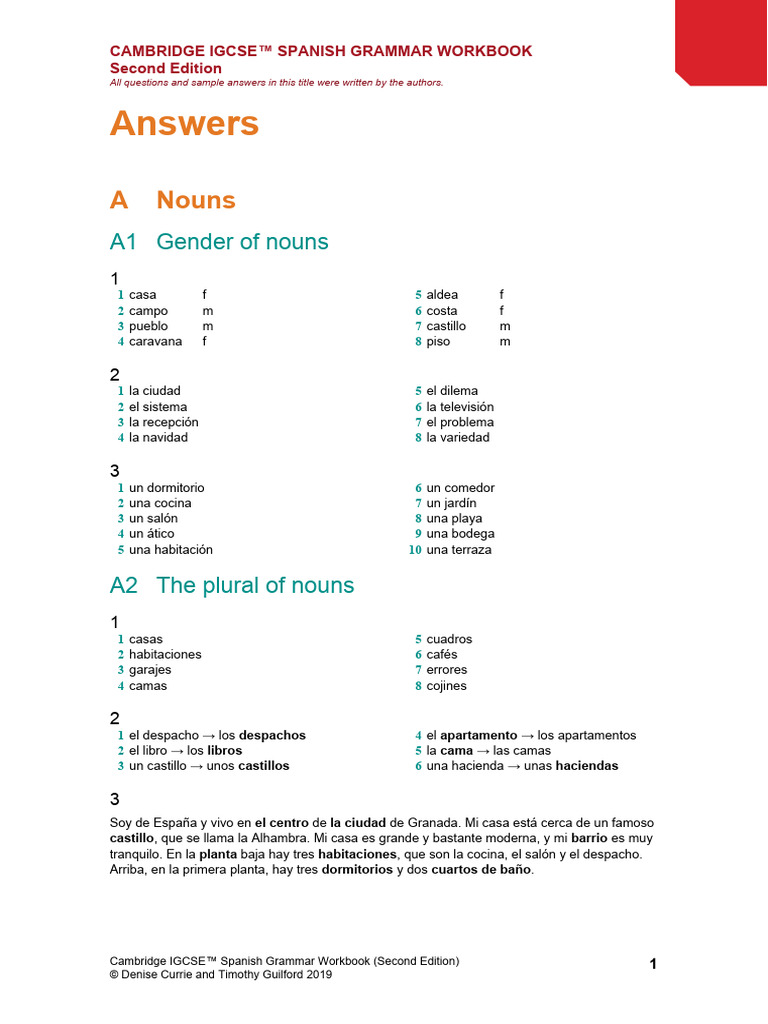 Cam IGCSE Spanish Grammar WB Answers | PDF