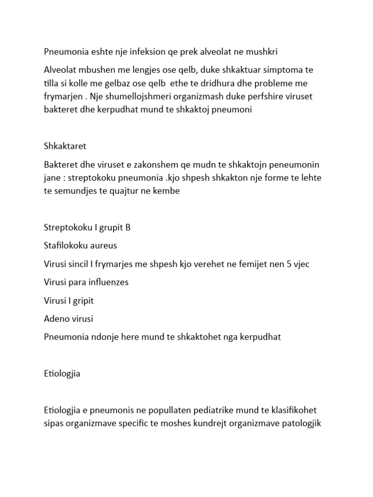 Pneumonia Eshte Nje Infeksion Qe Prek Alveolat Ne Mushkri | PDF