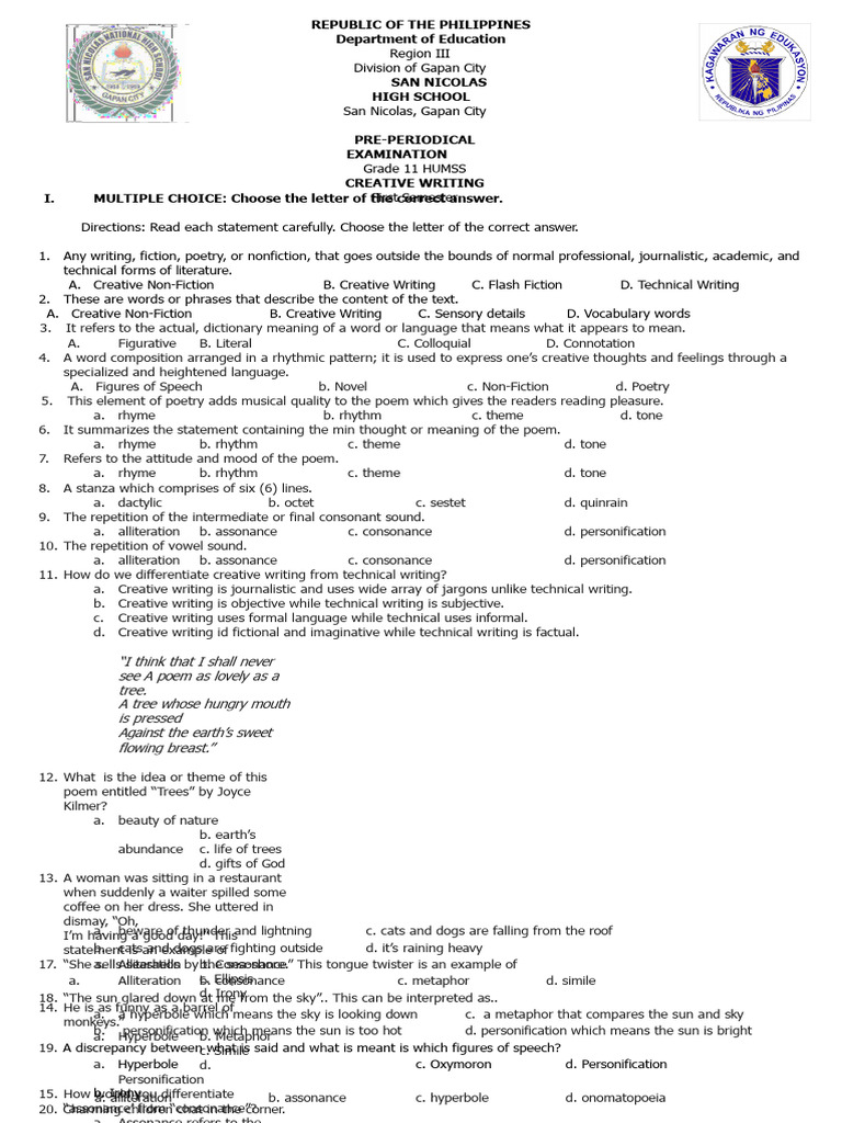 Grade 11 HUMSS Creative Writing Exam | PDF | Poetry | Rhetoric