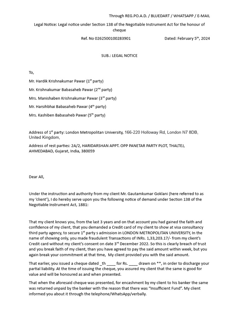 Legal Notice | PDF | Cheque | Theft